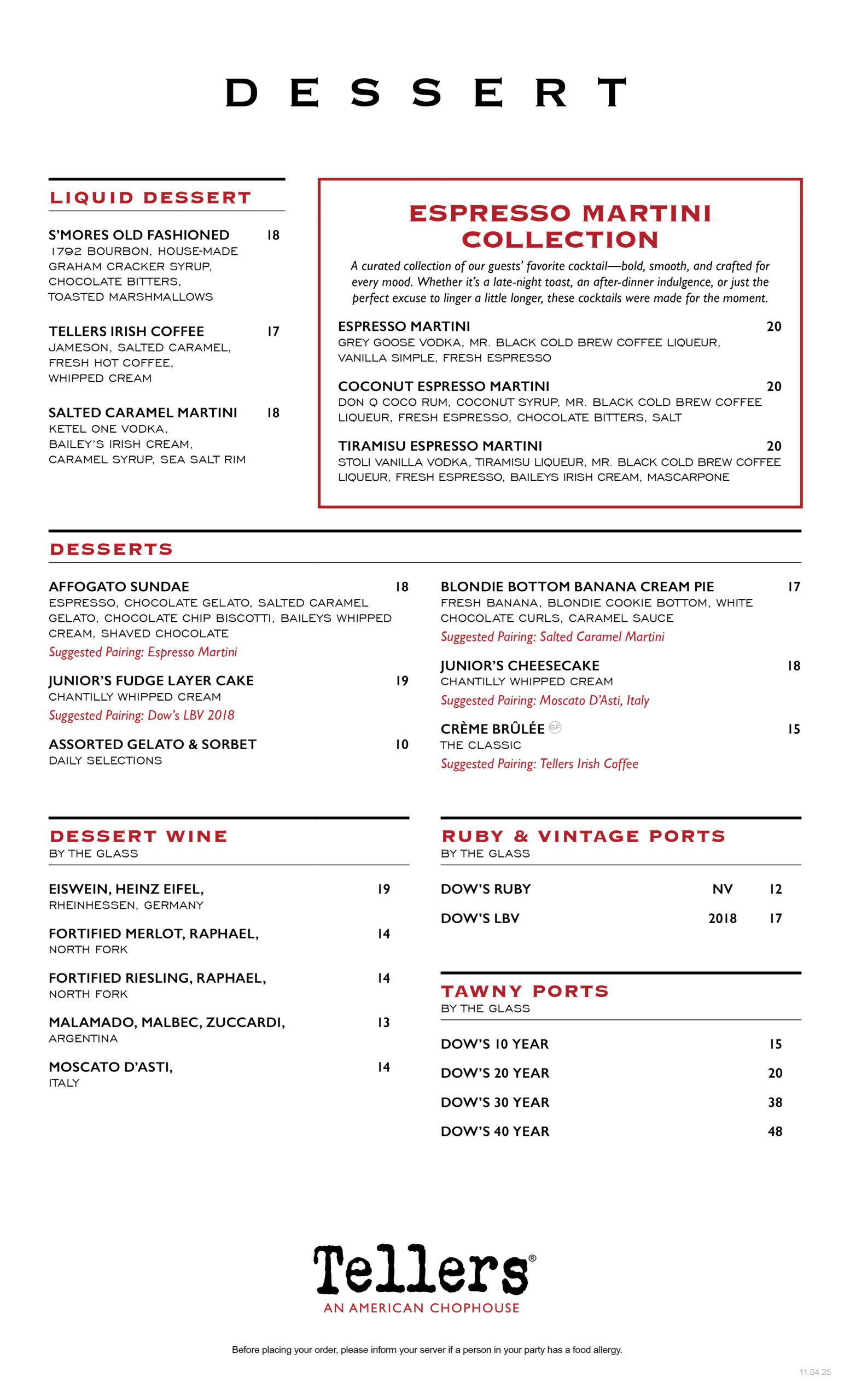 Menu - Tellers | An American Chophouse